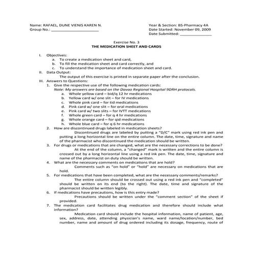 Exercise No 3 The Medication Sheet And Cards | DOCX