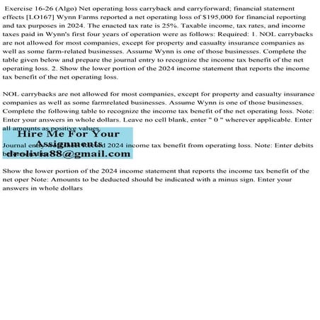 Exercise 16-26 (Algo) Net operating loss carryback and carryforward; .pdf