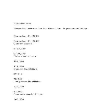 Exercise 18-1Financial information for Sinead Inc. is pr.docx