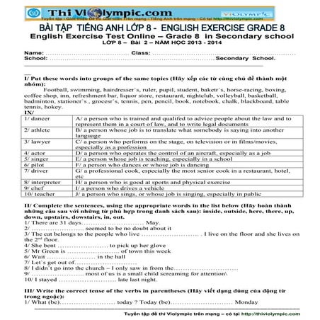 Bài tập Tiếng Anh Lớp 8 - Unit 2. | DOC