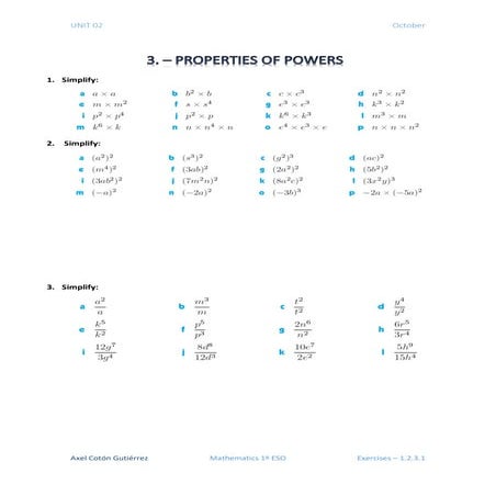 1 ESO - Unit 02 - Exercises 2.3 - Properties of Powers | PDF