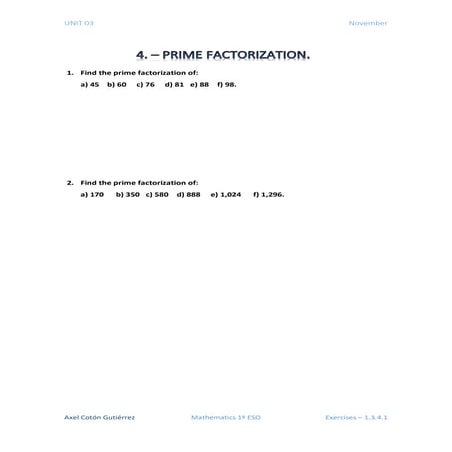 1 ESO - Unit 03 - Exercises 3.4 - Prime Factorization | PDF