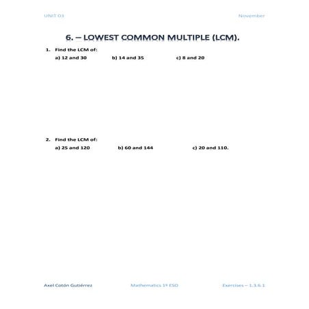 1 ESO - Unit 03 - Exercises 3.6 - LCM | PDF