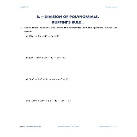 4 ESO Academics - Unit 03 - Exercises 4.3.3 - Division of Polynomials. Ruffini´s Rule. | PDF