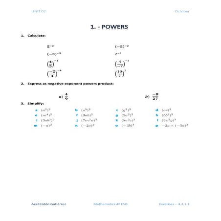 4 ESO - Unit 02 - Exercises 4.2.1 - Powers | PDF | Physics | Science