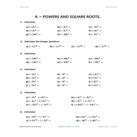 1 ESO - Unit 04 - Exercises 1.4.4. - Powers and Square Roots. | PDF