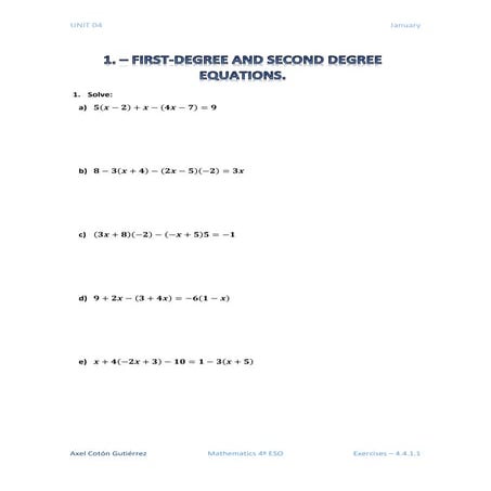 4 ESO Academics - Unit 04 - Exercises 4.4.1 - First Degree and Second ...