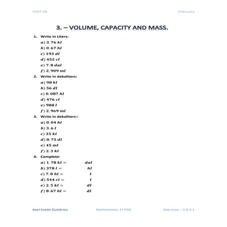1 ESO - Unit 06 - Exercises 1.6.3 - Volume, Capacity and Mass. | PDF