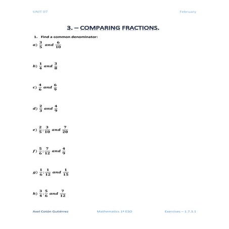 1 ESO - Unit 07 - Exercises 1.7.3 - Comparing Fractions. | PDF