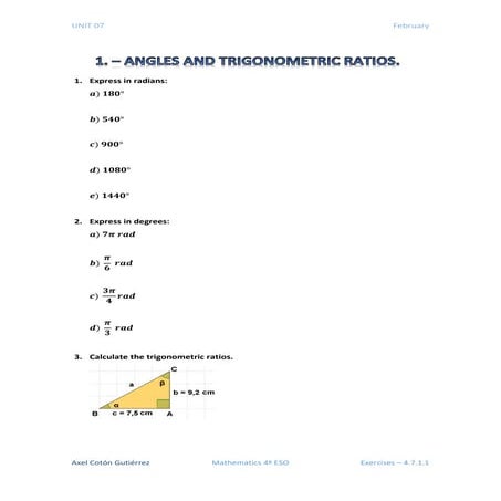 4 ESO Academics - Unit 07 - Exercises 4.7.1 - Angles and Trigonometric ...
