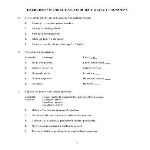 Exercises on direct and indirect object pronouns | PDF