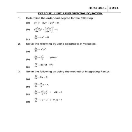 Exercise unit 1 differential equation (hum3032) | PDF