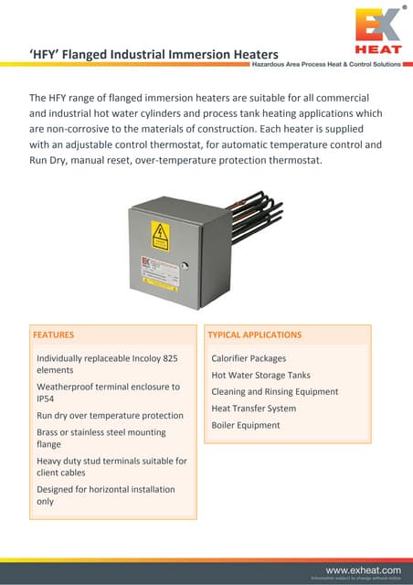 Exheat Flameproof Hazardous Area Industrial Immersion Heaters, Zone 1 ...