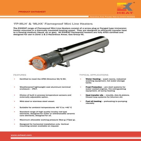 Exheat FP MLH & FP-MLHX Flameproof Mini Line Heaters - Atex Zone 1 ...