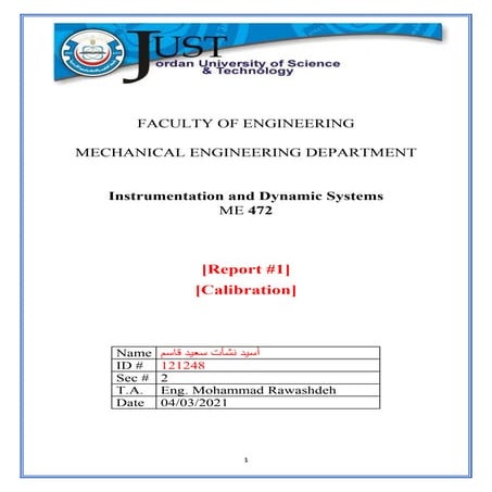 Experiment 1 In Instrumentation And Dynamic Systems Lab Calibration