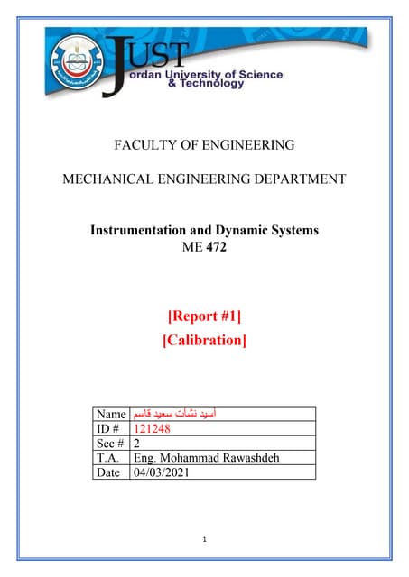 Experiment 1 In Instrumentation And Dynamic Systems Lab Calibration