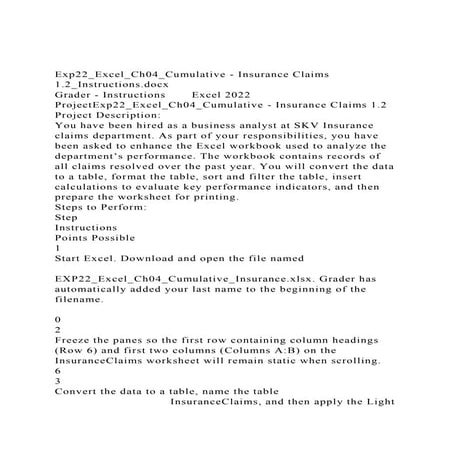 Exp22_Excel_Ch04_Cumulative - Insurance Claims 1.2_Instructions..docx