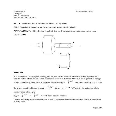 MOMENT INERTIA OF A FLYWHEEL LAB REPORT | DOCX