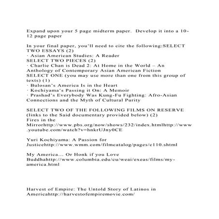 Expand upon your 5 page midterm paper. Develop it into a 10-12 pa.docx | Genres
