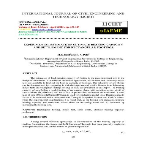 Experimental estimate of ultimate bearing capacity and settlement for rectang | PDF