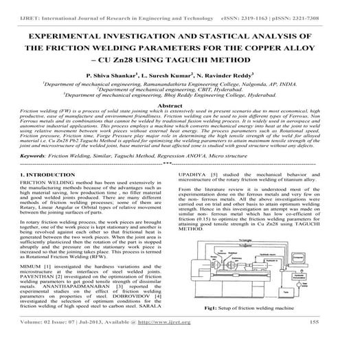 Experimental investigation and stastical analysis of the friction welding parameters for the ...
