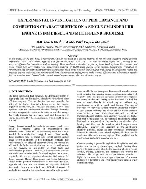 Experimental investigations on air cooled diesel engine using rubber seed biodiesel and its ...