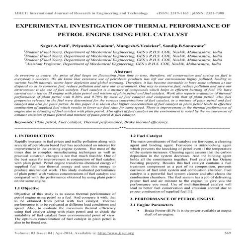 Experimental investigation of thermal performance of petrol engine using fuel catalyst | PDF