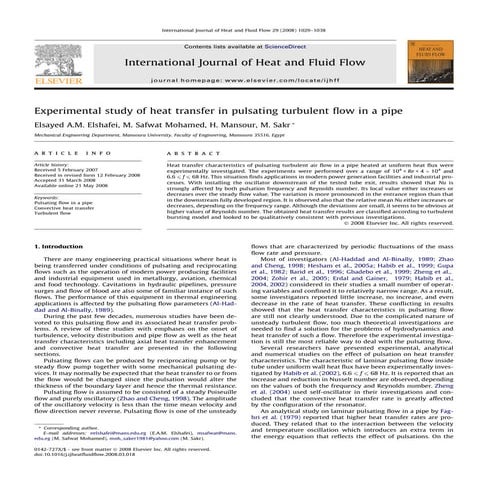 Experimental study of heat transfer in pulsating turbulent flow in a pipe | PDF | Physics | Science