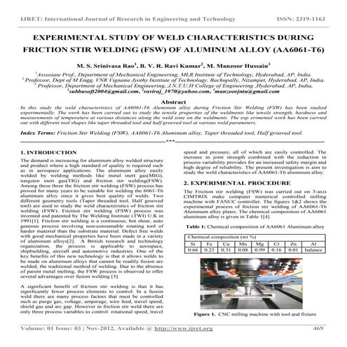 Experimental study of weld characteristics during friction stir welding (fsw) of aluminum alloy ...