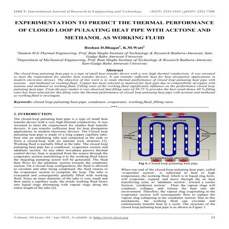 Experimentation To Predict The Thermal Performance Of Closed Loop Pulsating Heat Pipe With