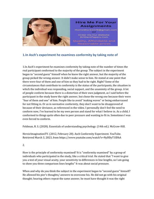 Solomon asch conformity experiment part 1 | PDF