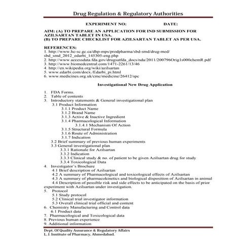 (A) TO PREPARE AN APPLICATION FOR IND SUBMISSION FOR AZILSARTAN TABLET ...