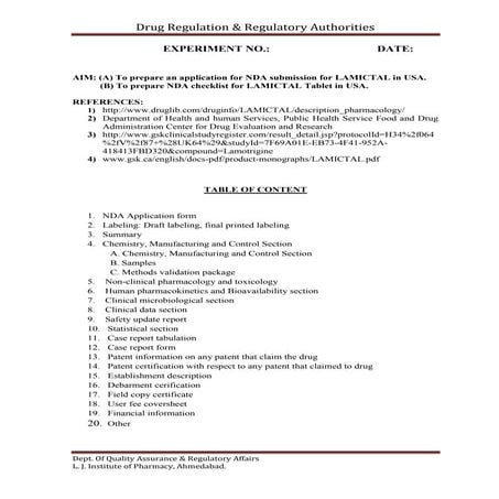 6. (A) To prepare an application for NDA submission for LAMICTAL in USA ...