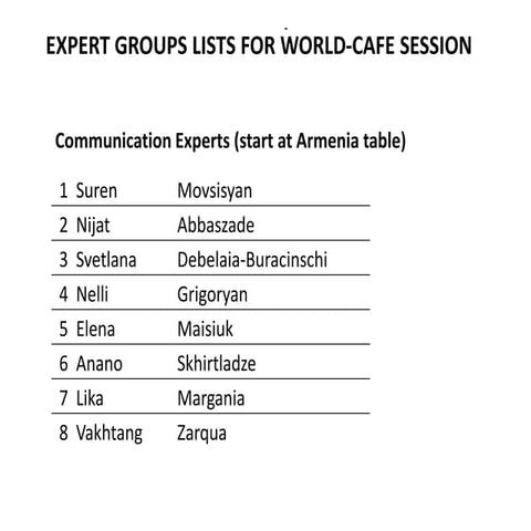 Expert groups lists for world cafe session | PPT