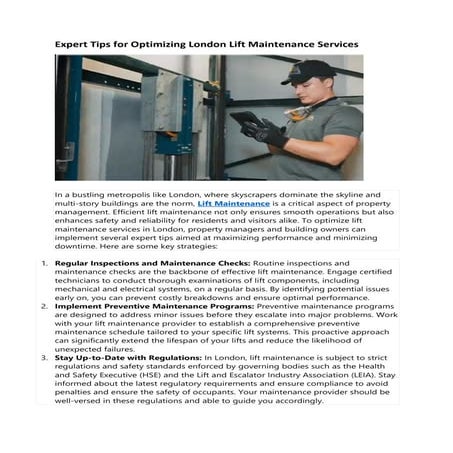 Expert Tips for Optimizing London Lift Maintenance Services | PDF