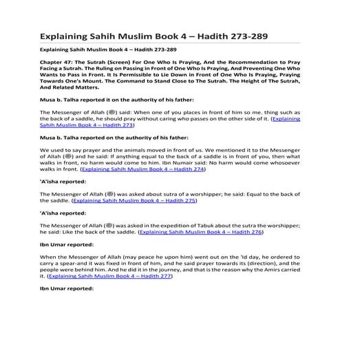 Explaining Sahih Muslim Book 4 – Hadith 273-289 | PDF