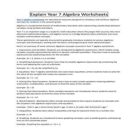 Explain Year 7 Algebra Worksheets | PDF | Homework and Study | Education