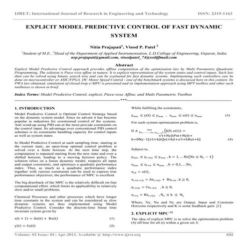 Explicit Model Predictive Control Of Fast Dynamic System Pdf