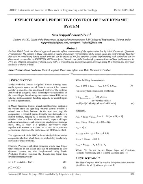 Explicit Model Predictive Control Of Fast Dynamic System Pdf