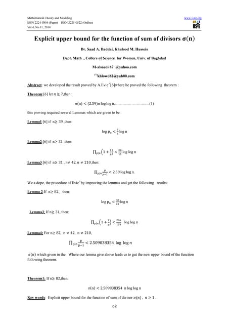 Explicit Upper Bound For The Function Of Sum Of Divisors Pdf