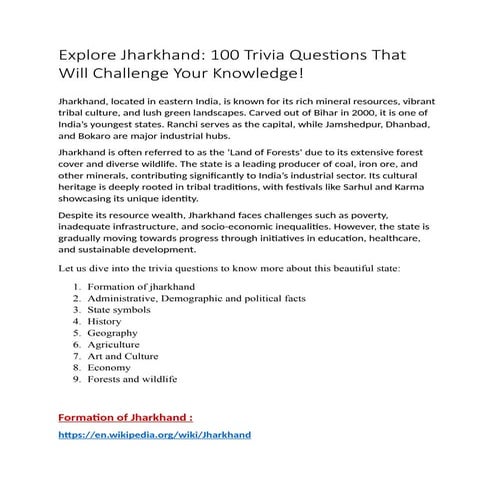 Hundred+ Trivia Questions on Jharkhand. | DOCX