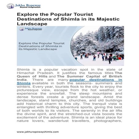 Explore the Popular Tourist Destinations of Shimla in its Majestic ...