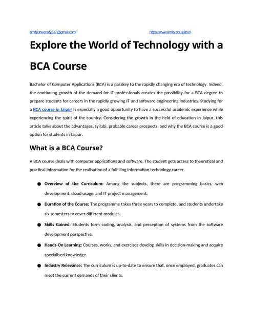 Value of BCA Course | PDF