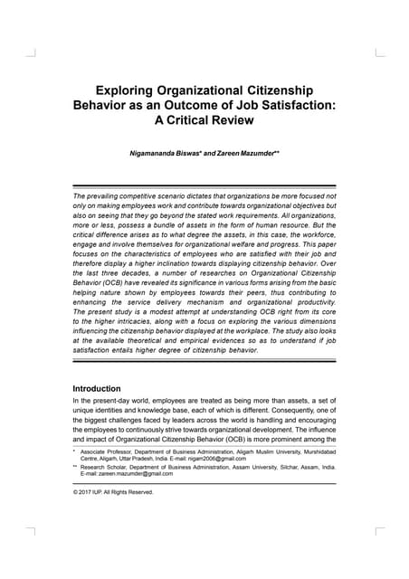 A Study Of Organizational Citizenship Behaviour (OCB) And Its Dimensions A Literature Review | PDF