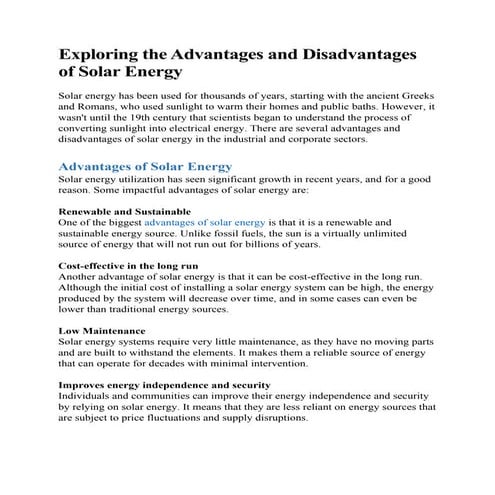 Exploring the Advantages and Disadvantages of Solar Energy | DOCX