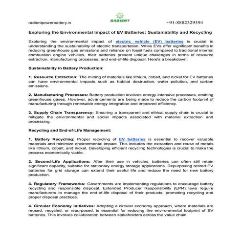 Exploring the Environmental Impact of EV Batteries_ Sustainability and Recycling | PDF