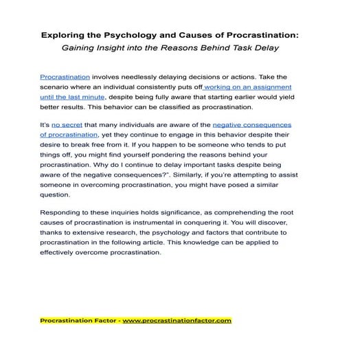 Exploring the Psychology and Causes of Procrastination: Gaining Insight into the Reasons Behind ...