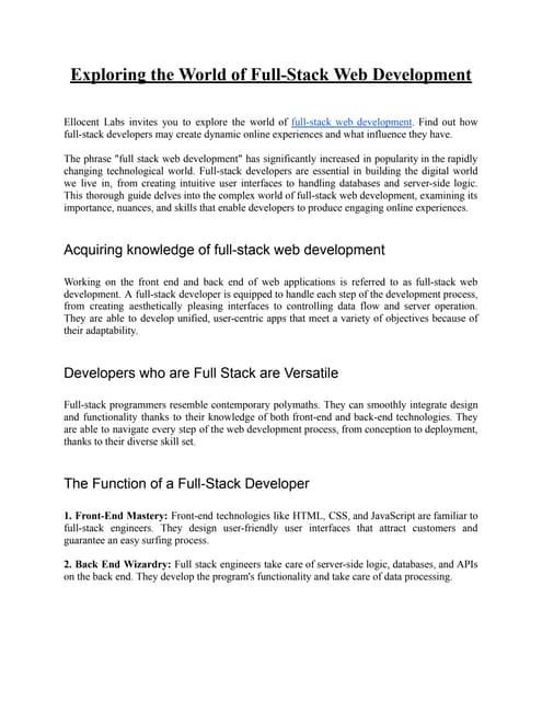 Exploring The World Of Full Stack Web Developmentpdf