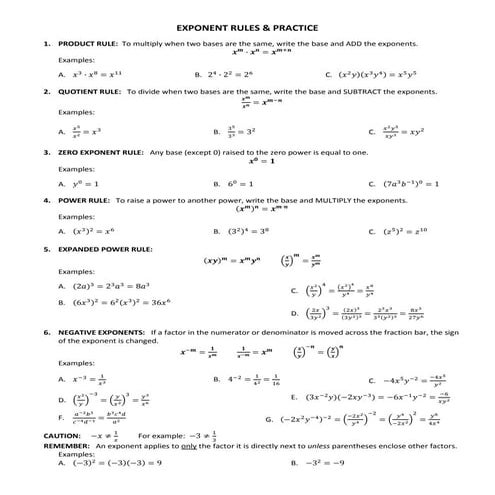 Exponent rules &_practice | PDF