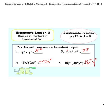 Exponents lesson 3 dividing numbers in exponential notation | PDF